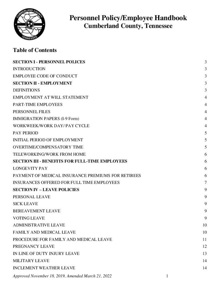 Fillable Online cumberlandcountytn.govwp-contentuploadsPersonnel Policy/Employee Handbook ...