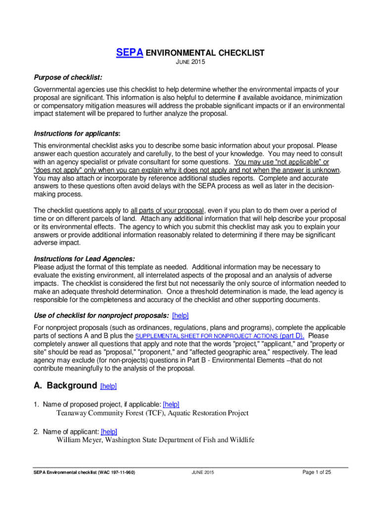 Fillable Online wdfw wa SEPA ENVIRONMENTAL CHECKLIST - Washington ...