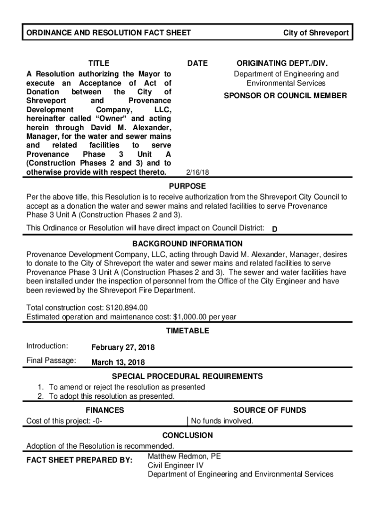 Fillable Online ORDINANCE AND RESOLUTION FACT SHEET - Shreveport, LA ...