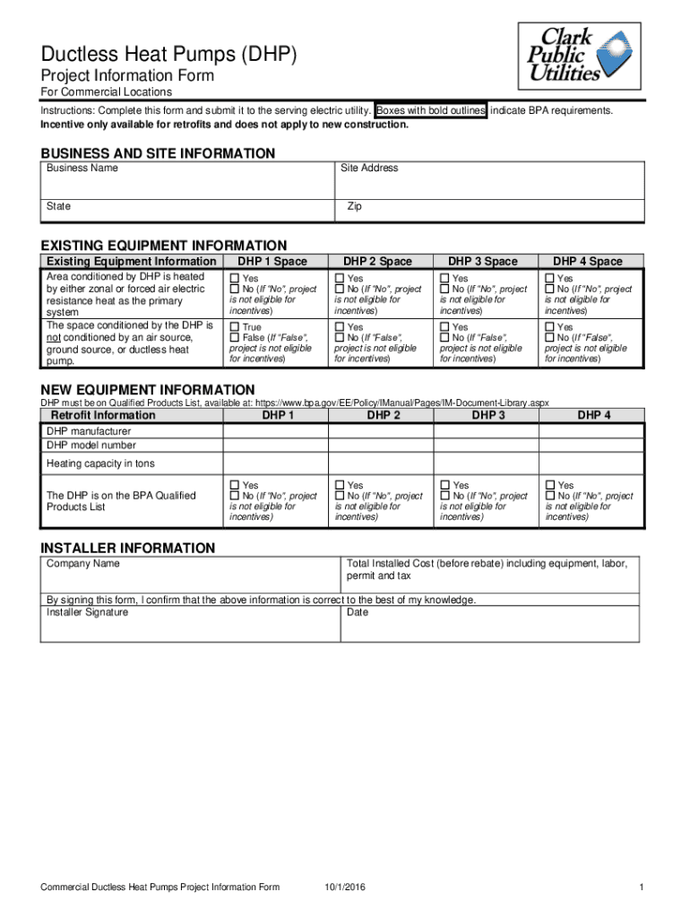 Fillable Online Commercial Ductless Heat Pumps (DHP) Installation Form ...