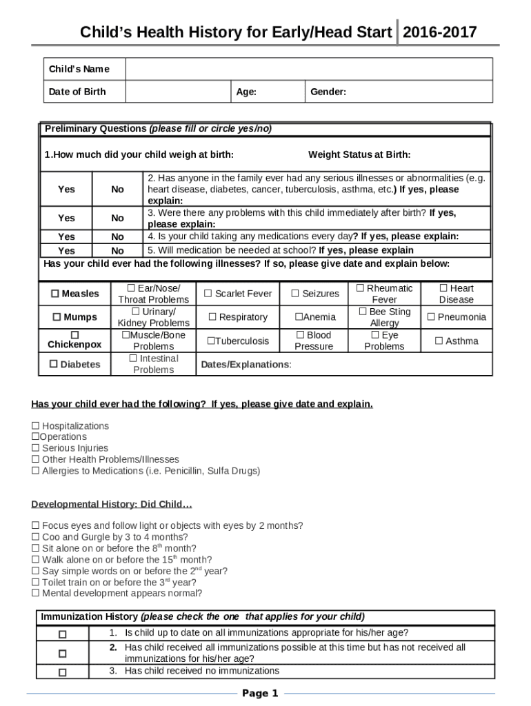 Childs Health History for Early/Head Start Doc Template | pdfFiller