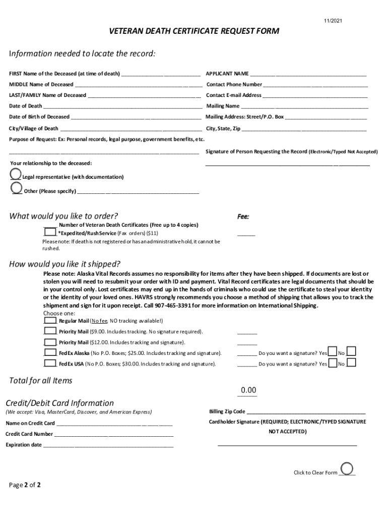 Fillable Online dhss.alaska.govdeathveteransdeathformVETERAN DEATH ...