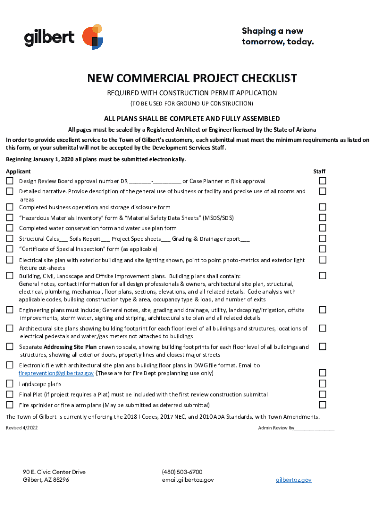Fillable Online NEW COMMERCIAL PROJECT CHECKLIST - Gilbert, Arizona Fax ...