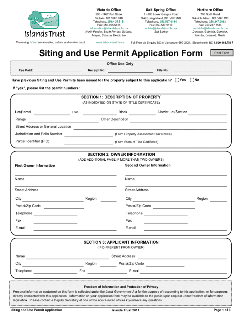Fillable Online islandstrust bc Siting and Use Permit Application Form ...