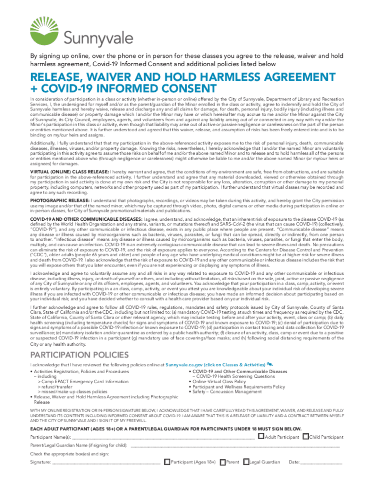 Fillable Online Release Waiver and Hold Harmless Agreement with COVID-19 Informed Consent Fax ...
