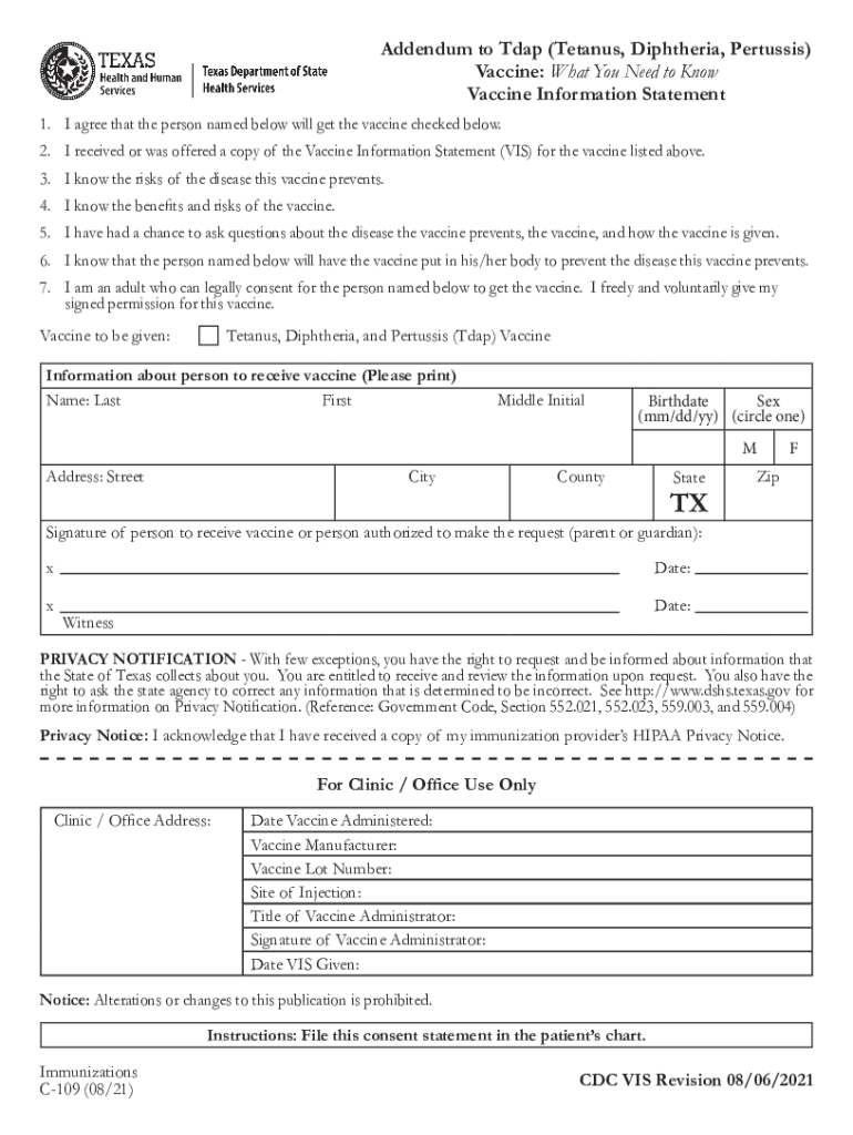 Fillable Online Addendum to Tdap (Tetanus, Diphtheria, Pertussis ...