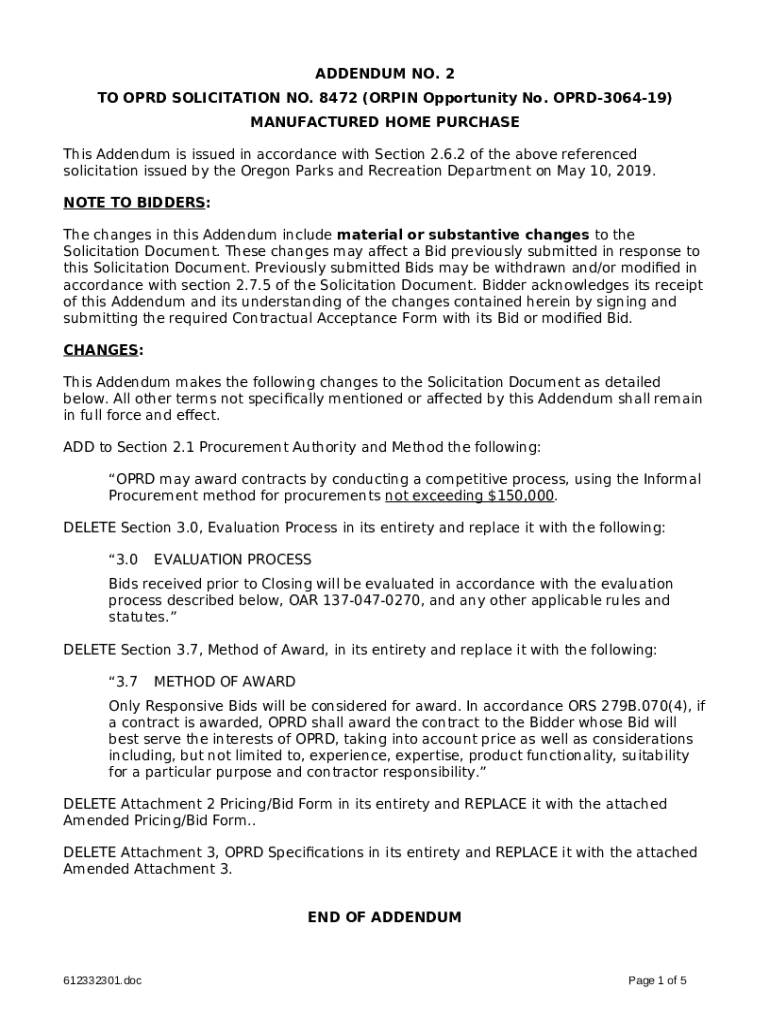ADDENDUM 1 TO OPRD REQUEST FOR OFFERS 5281 Doc Template | pdfFiller