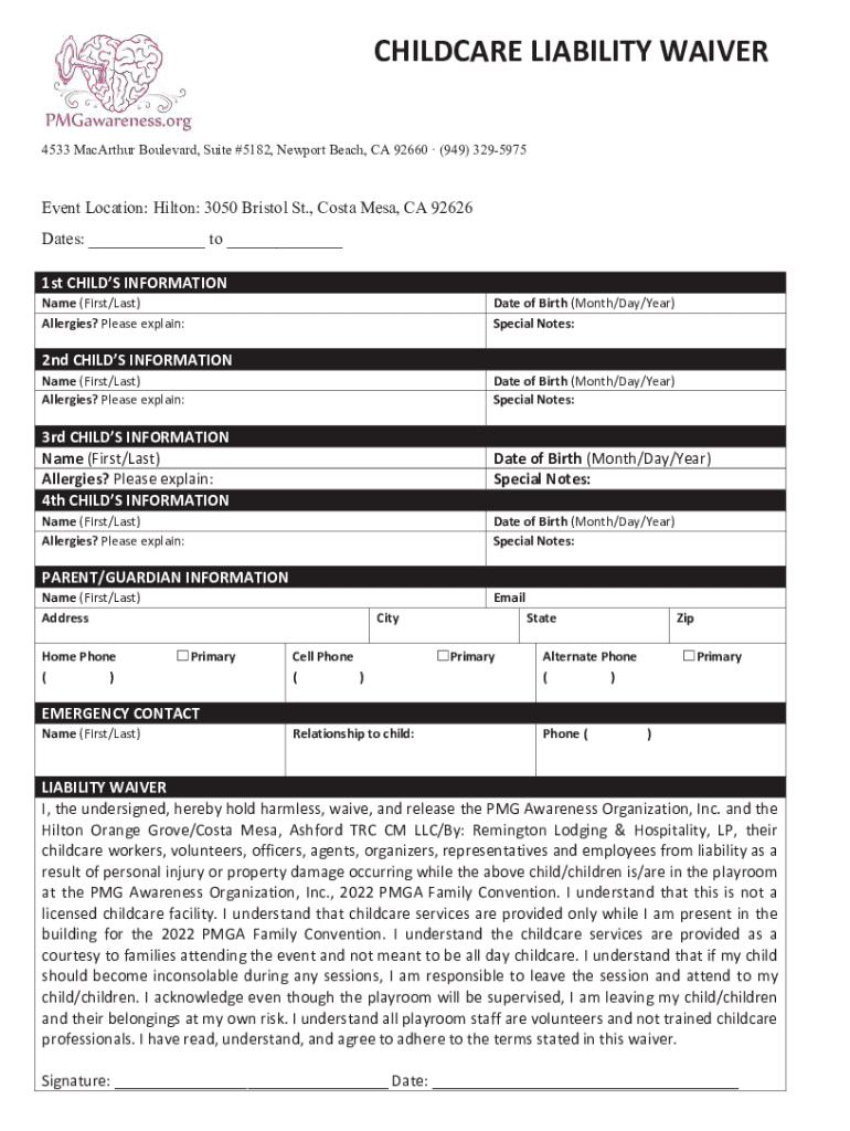 Fillable Online childcare-waiver for convention Fax Email Print - pdfFiller