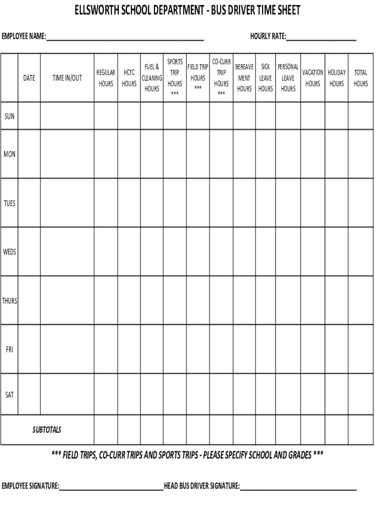Fillable Online BUS DRIVER TIME SHEET.xlsx Fax Email Print - pdfFiller