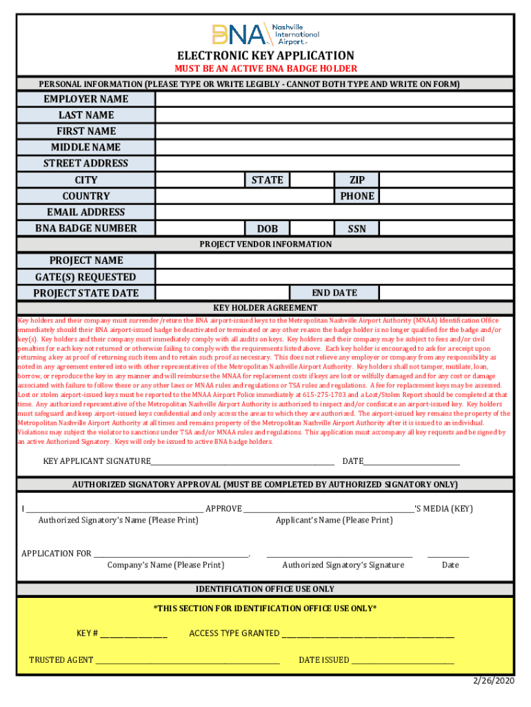 Fillable Online ELECTRONIC KEY APPLICATION - Nashville International ...