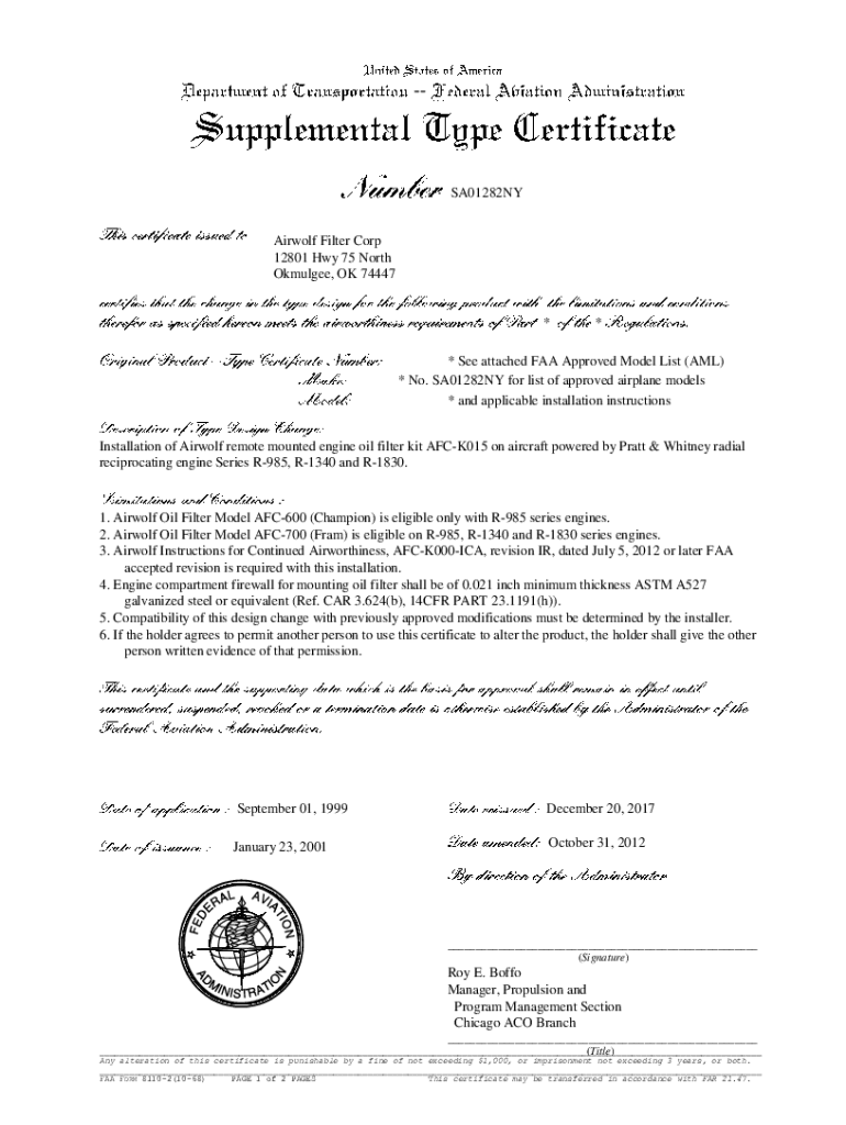 Fillable Online rgl faa SA01282NY * * * See attached FAA Approved Model ...