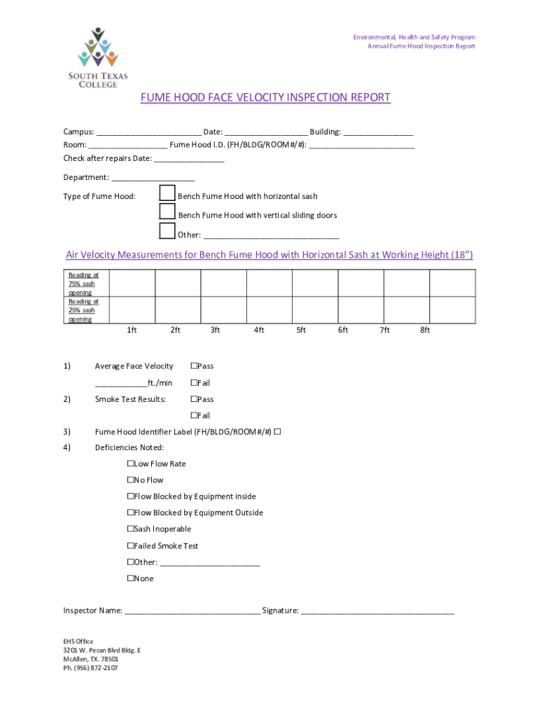 Fillable Online finance southtexascollege FUME HOOD FACE VELOCITY ...