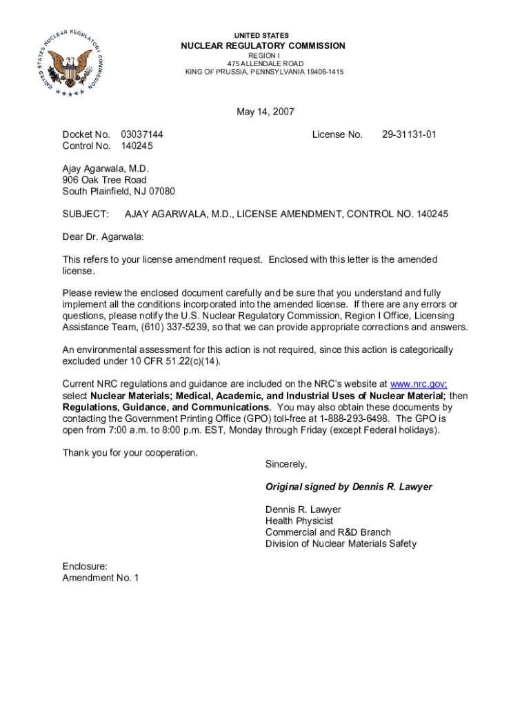 Fillable Online Ajay Agarwala, M.D.; License Amendment No. 1; Control No. 140245. Fax Email ...