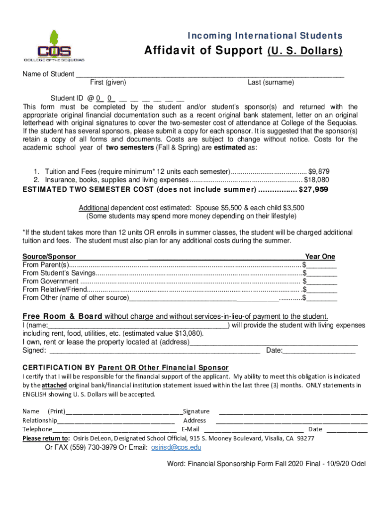 Fillable Online international.fullerton.edupdfusaInternational Student Financial Affidavit of ...