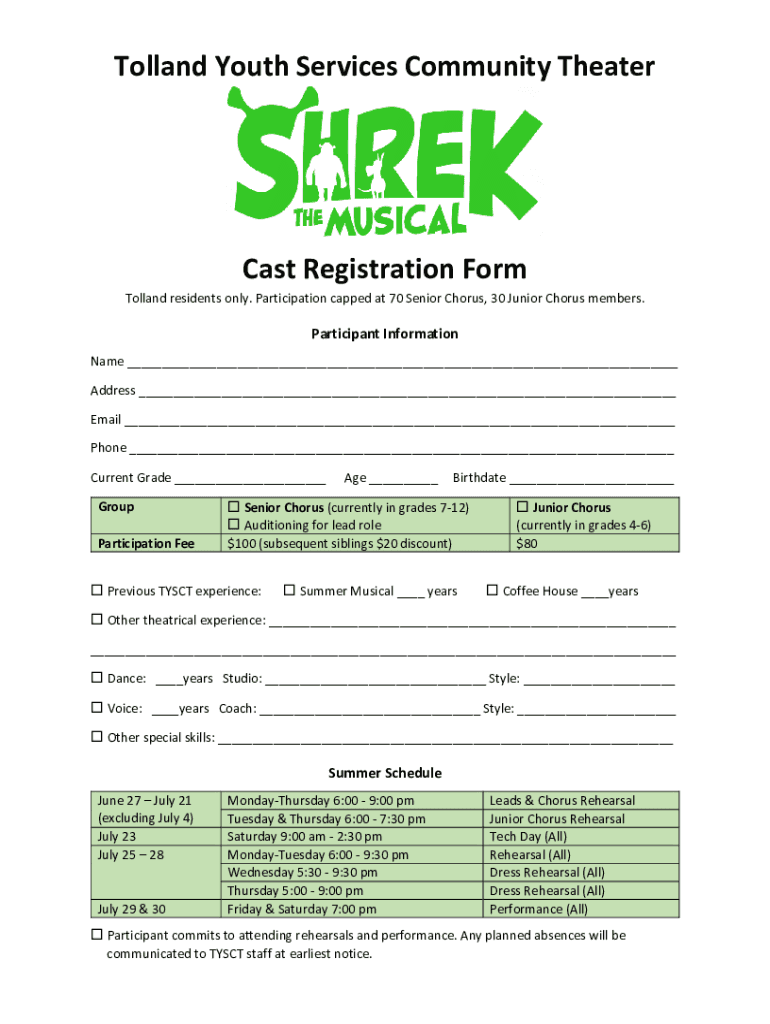 Fillable Online Tolland Youth Services Community Theater Cast ...