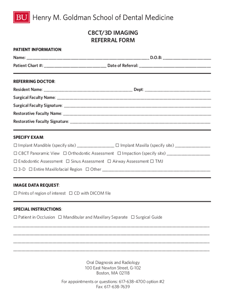 Fillable Online www.bu.edudentalfilesCBCT/3D IMAGING REFERRAL FORM ...