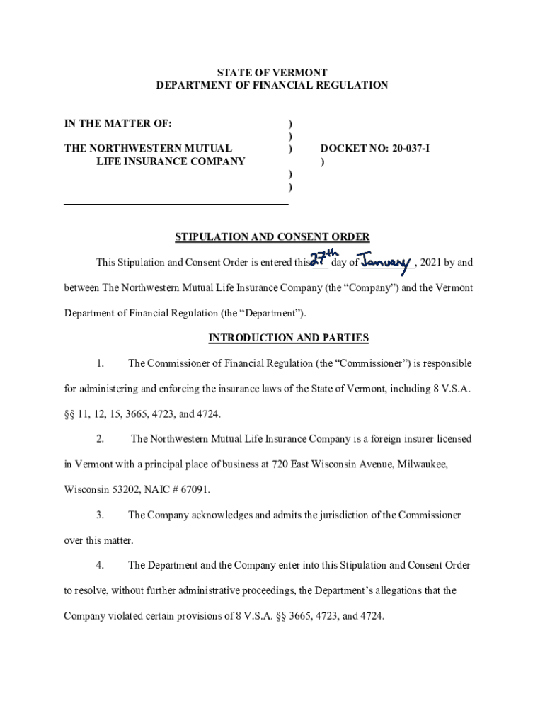 Fillable Online dfr vermont Final Stipulation and Consent Order ...