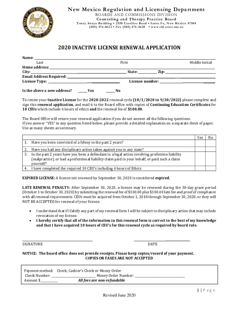 Fillable Online rld.state.nm.us uploads FileLinks2020 INACTIVE LICENSE ...