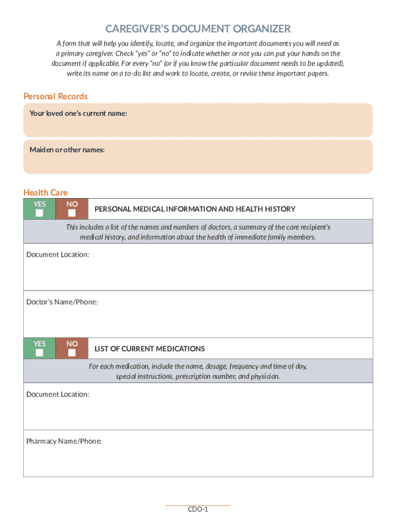 Fillable Online Caregivers OrganizerCaregiver Documentation Forms ...