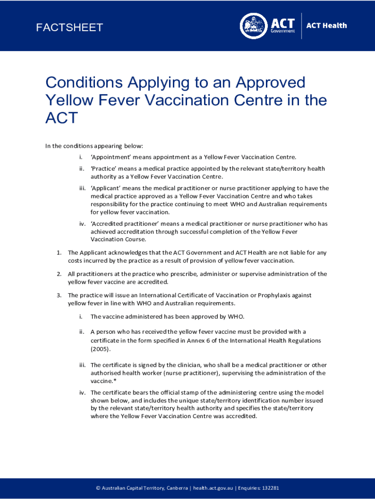 Fillable Online Yellow fever- Conditions Applying to ACT Accredited Vaccination Centres Fax ...