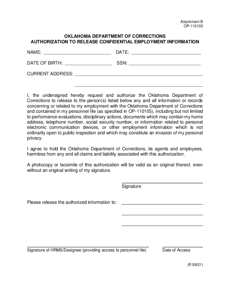 Fillable Online OKLAHOMA DEPARTMENT OF CORRECTIONS AUTHORIZATION TO RELEASE ... Fax Email Print ...