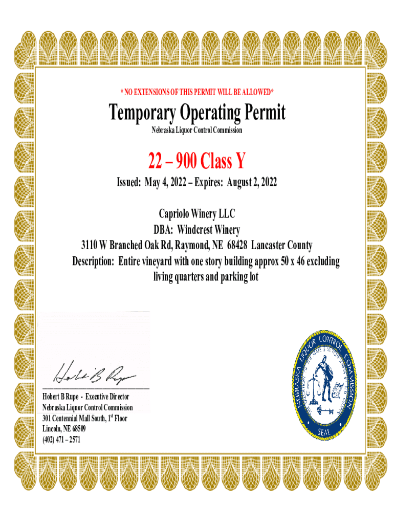 Fillable Online Temporary Operating Permit 22 900 Class Y Fax Email ...