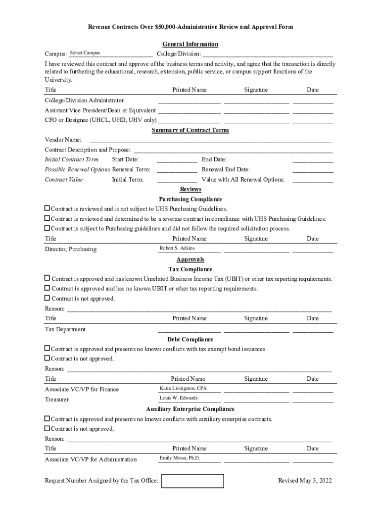 Fillable Online www.uh.edurevenue-contract-approval-formRevenue ...