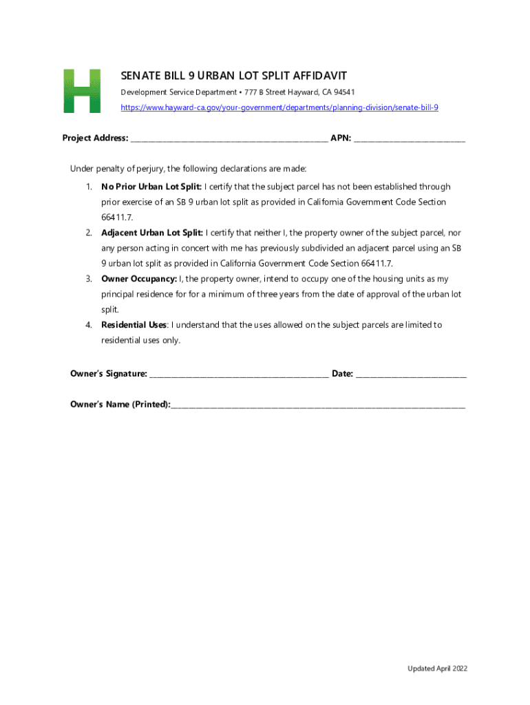 Fillable Online SENATE BILL 9 URBAN LOT SPLIT AFFIDAVIT - hayward-ca.gov Fax Email Print - pdfFiller