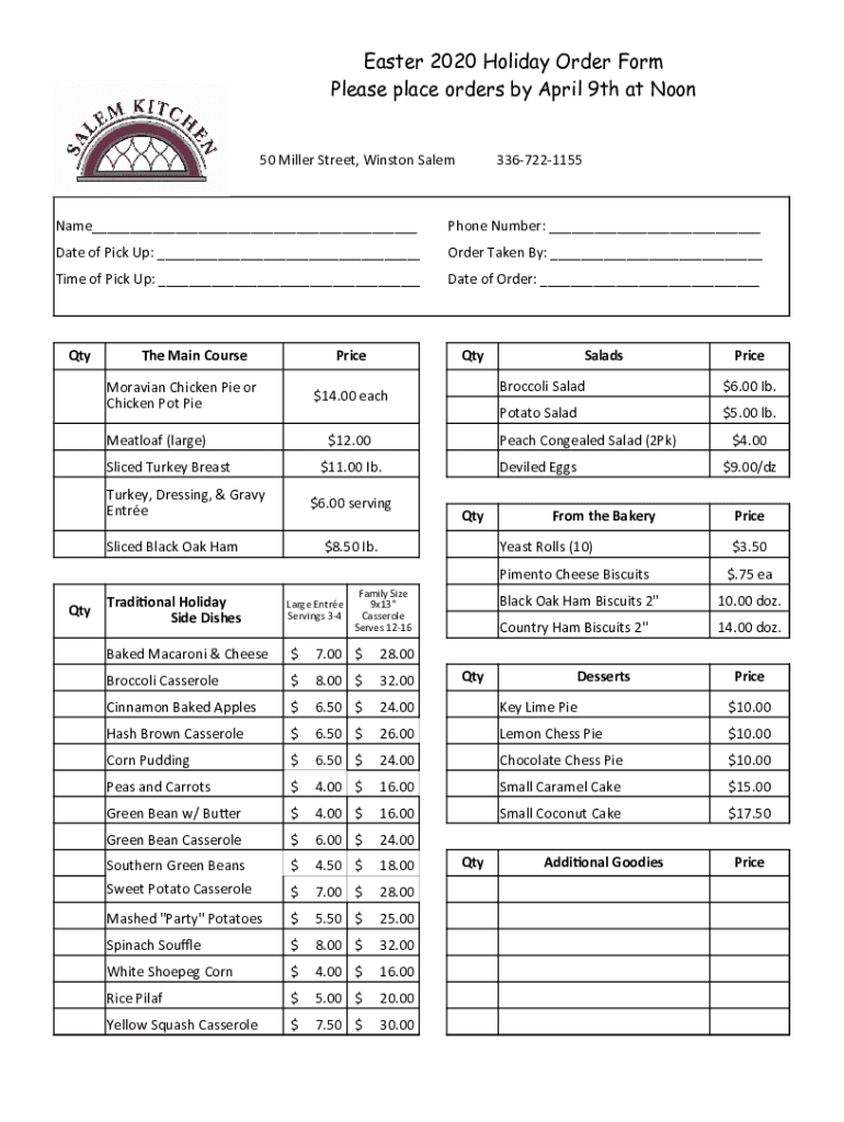 Fillable Online www.bigrockchophouse.comeastertogoEaster To Go Order ...