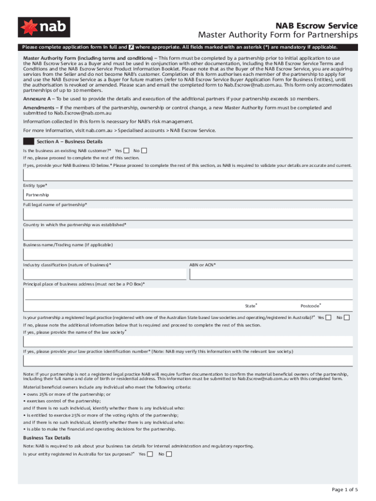 Fillable Online www.nab.com.aucontentdamNAB Escrow Service - Master ...
