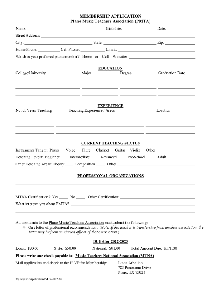 Fillable Online MEMBERSHIP APPLICATION Plano Music Teachers Association ...