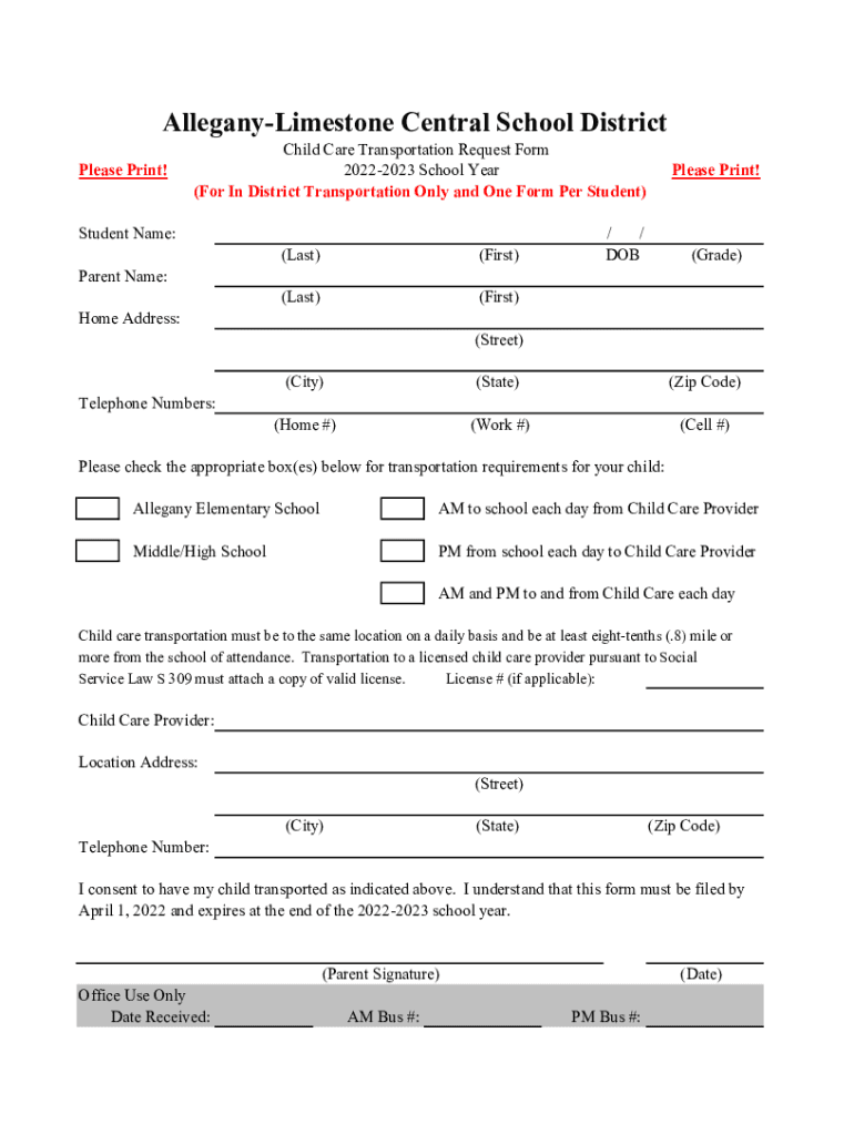 2022-2026 NY Allegany-Limestone Central School District Child Care Transportation Request Form ...