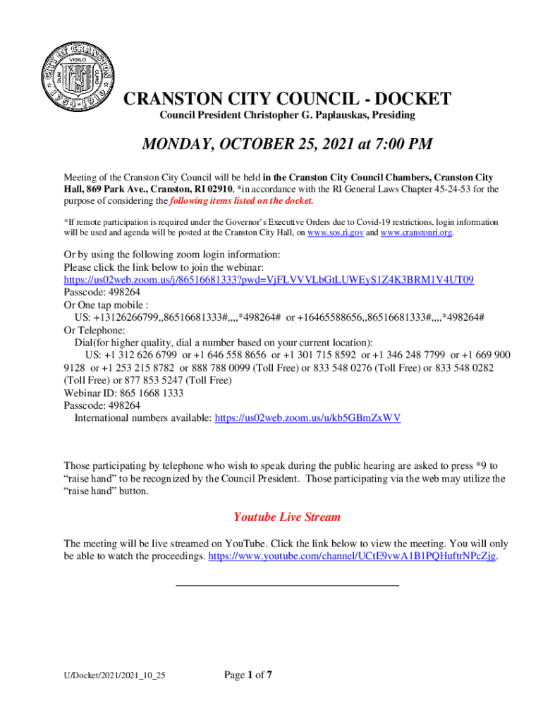 Fillable Online CRANSTON CITY COUNCIL - DOCKET Fax Email Print - pdfFiller