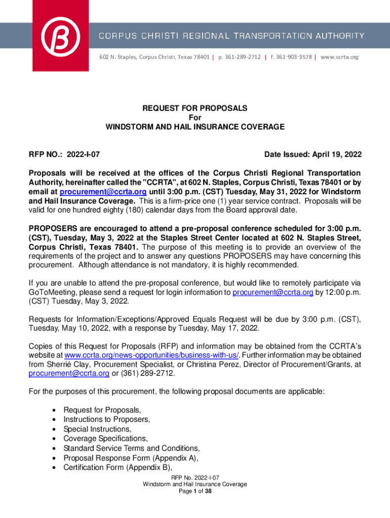 Fillable Online RFP No. 2022-I-07 Windstorm and Hail Insurance Coverage. RFP No. 2022-I-07 ...