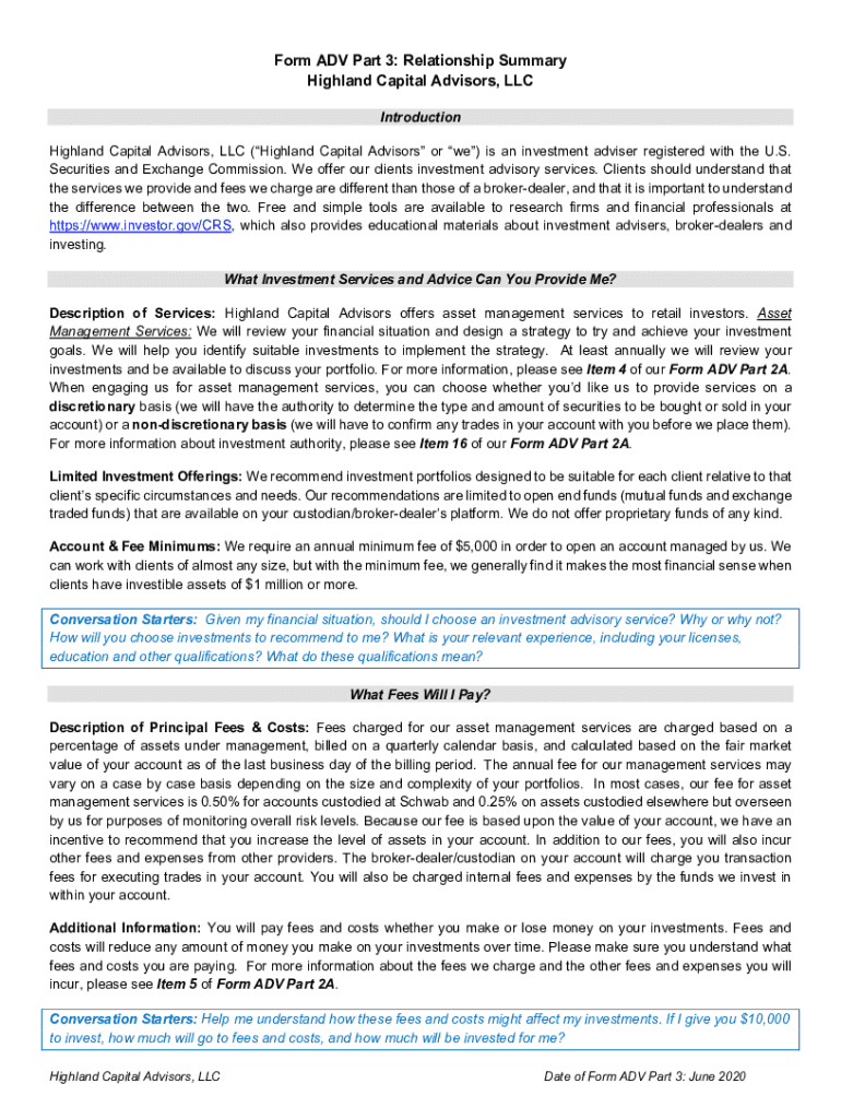 Fillable Online Form ADV Part 3: Relationship Summary Highland Capital Advisors ... Fax Email ...