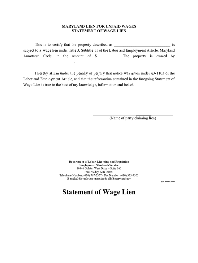 Fillable Online Statement of Wage Lien - Maryland Department of Labor ...