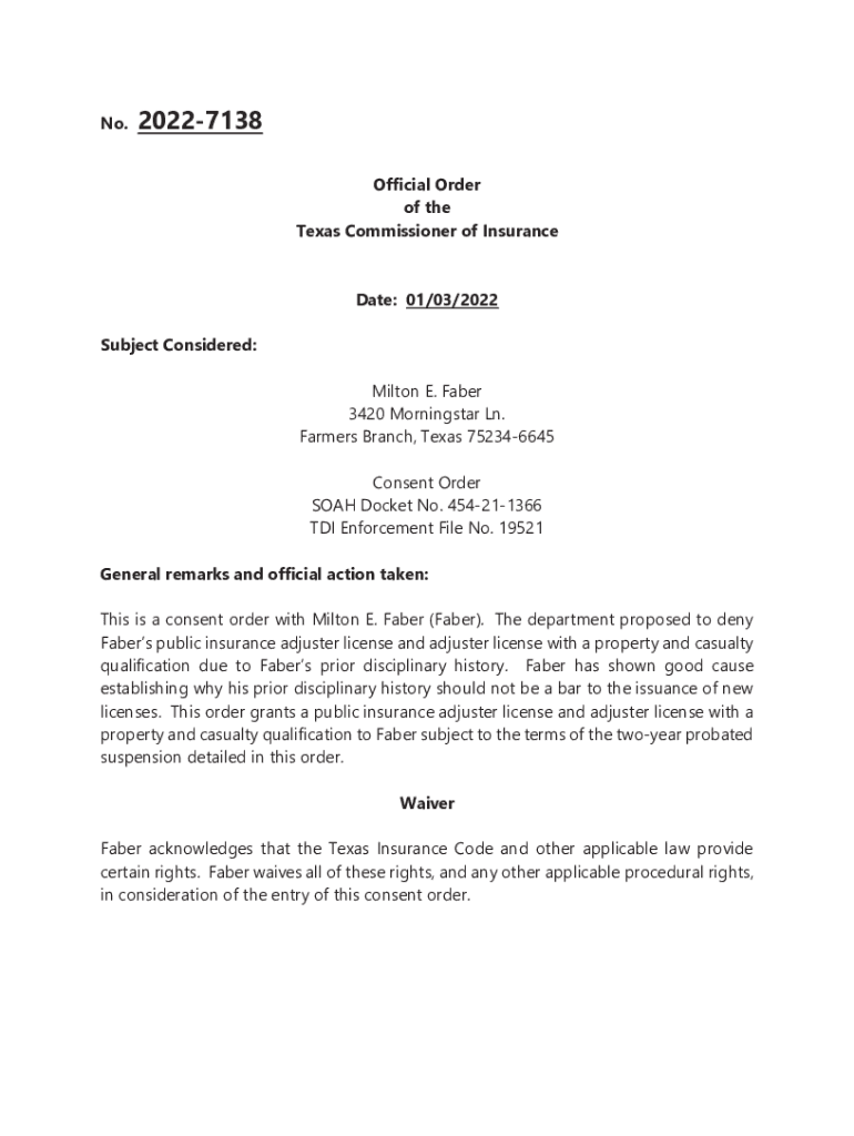 Fillable Online www.tdi.texas.gov commissioner disciplinaryPlease ...