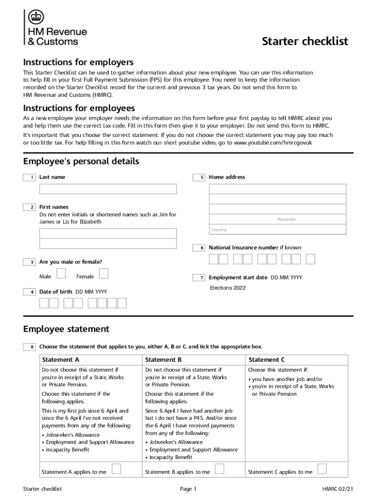 Fillable Online Starter checklist for PAYE - GOV.UKStarter checklist ...