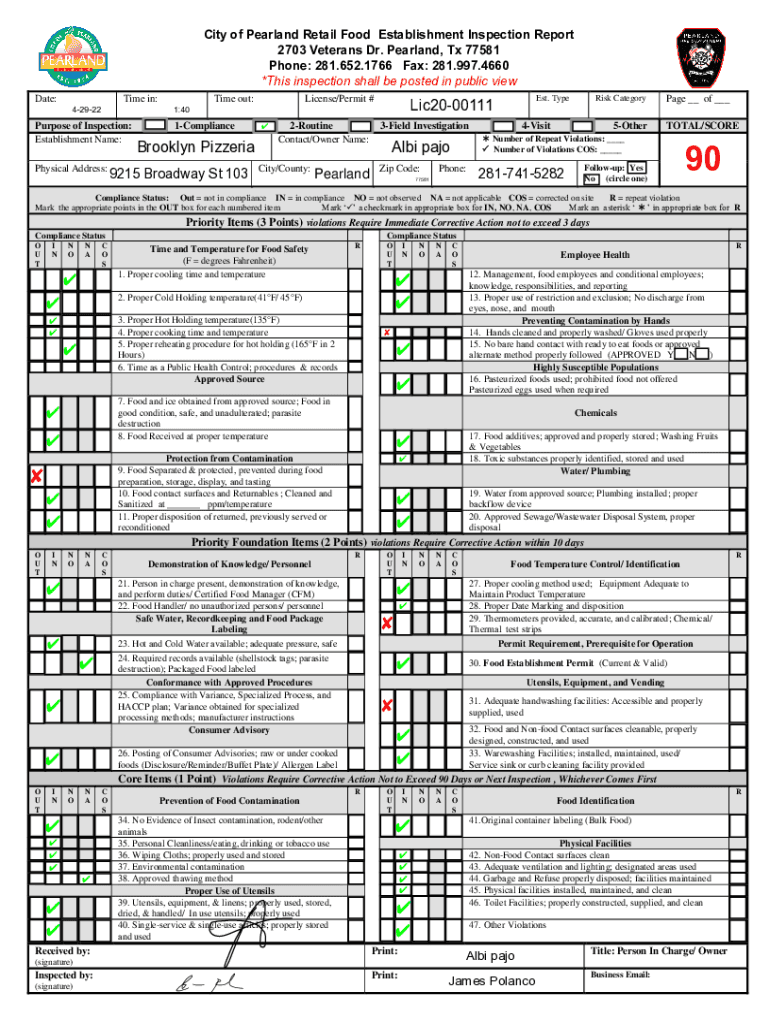 Fillable Online PDF City of Pearland Retail Food Establishment ...