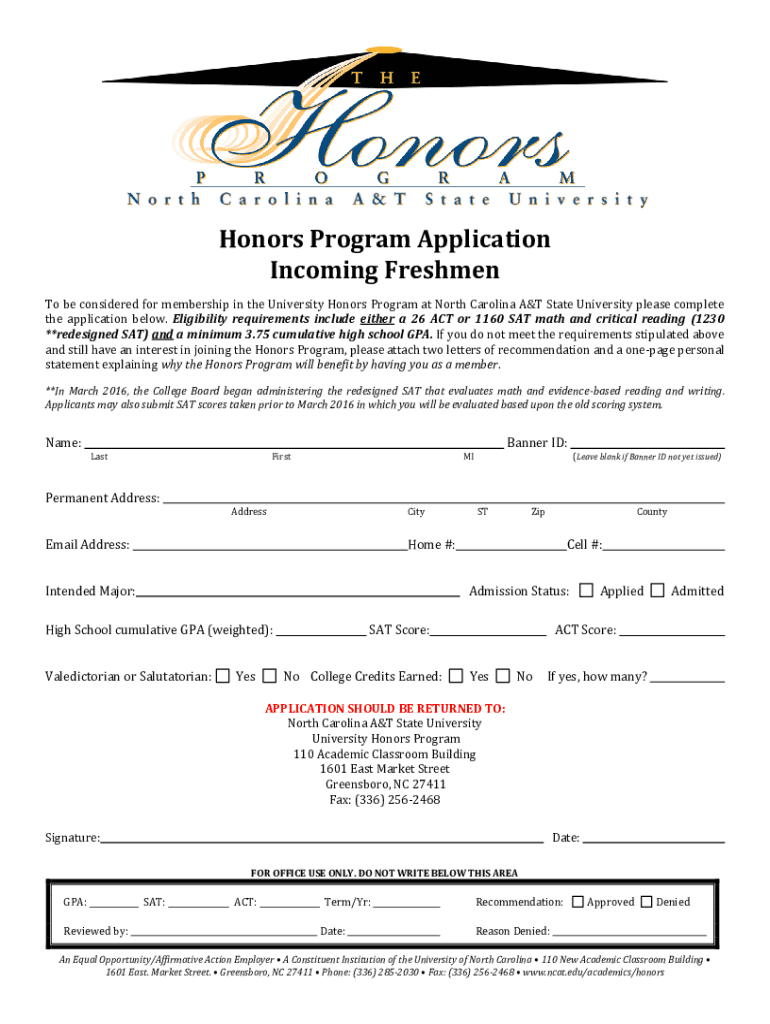 Fillable Online www.ncat.eduIncomingFreshmenApplicationHonors Program Application Form - North ...