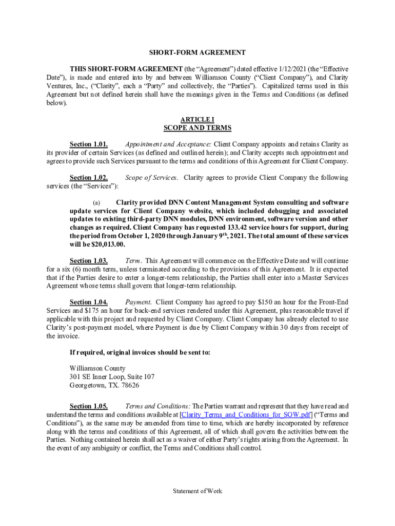 Fillable Online Short-Form Agreement Law and Legal DefinitionUSLegal ...