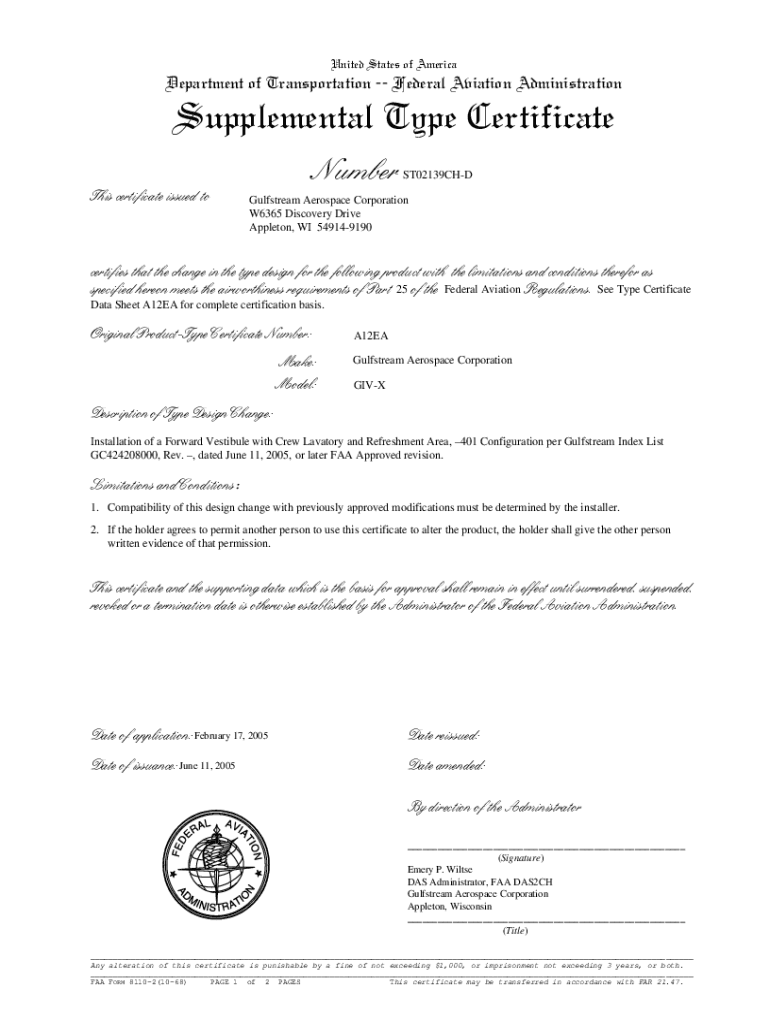 Fillable Online rgl faa STC Certificate, FAA Form 8110-2. Vestibule Fax Email Print - pdfFiller