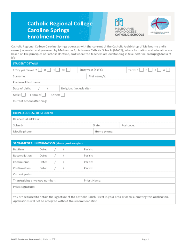 Fillable Online www.crccs.vic.edu.auuploadsNEW-Enrolment-formCatholic ...