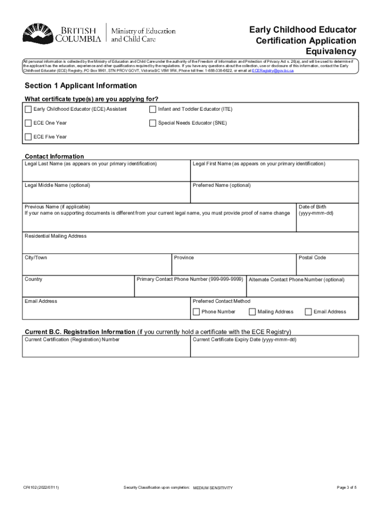 Fillable Online www2.gov.bc.caassetsgovEarly Childhood Educator Certification Application ...