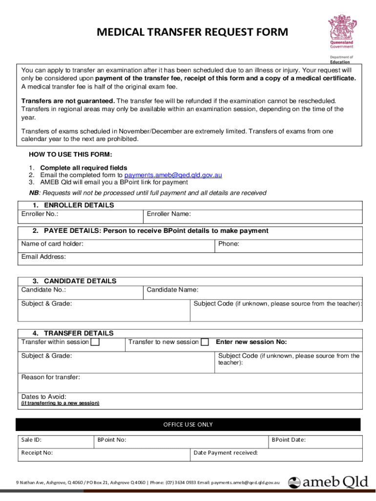 Fillable Online ameb qld edu Medical transfer form - Australian Music ...