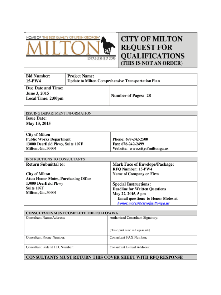 Fillable Online www.cityofmilton.netDocumentCenterViewCITY OF MILTON REQUEST FOR PROPOSAL (RFP ...