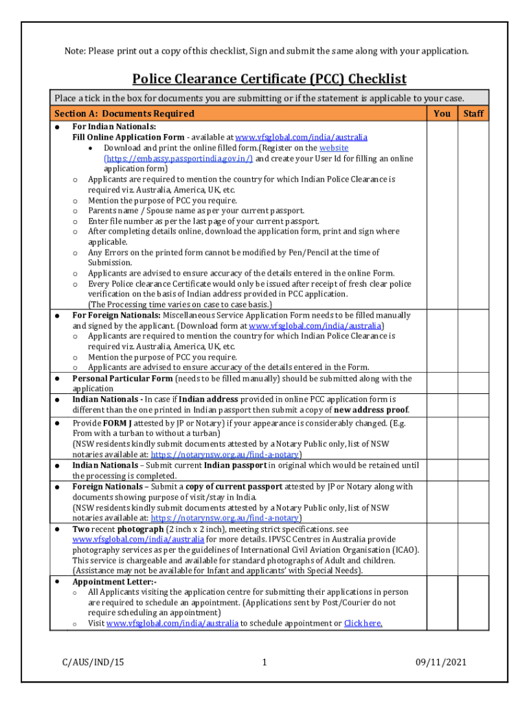 Fillable Online Police Clearance Certificate (PCC) Checklist - vfsglobal.comPolice Clearance ...