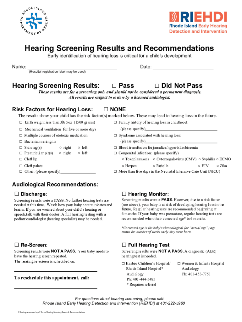 Fillable Online health ri Hearing Loss Screening: Recommendations and ...
