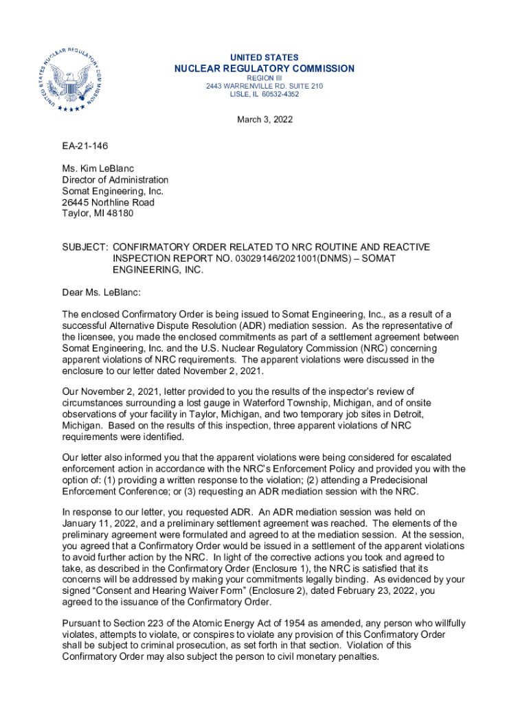 Fillable Online EA-21-146 Confirmatory Order Related To NRC Routine And ...