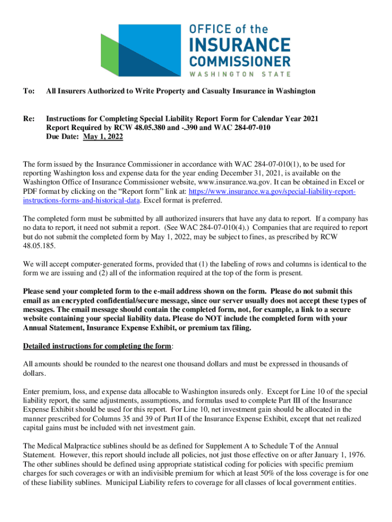 Fillable Online Special Liability Report instructions. Instructions for ...